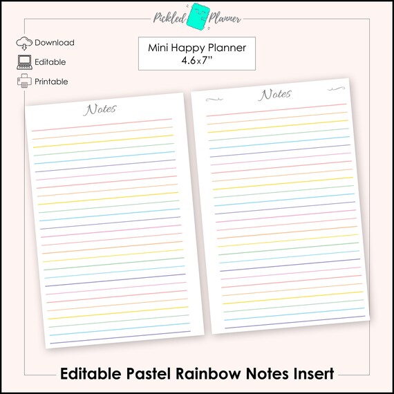 Mini Editable Pastel Rainbow Notes Planner Printable - Etsy