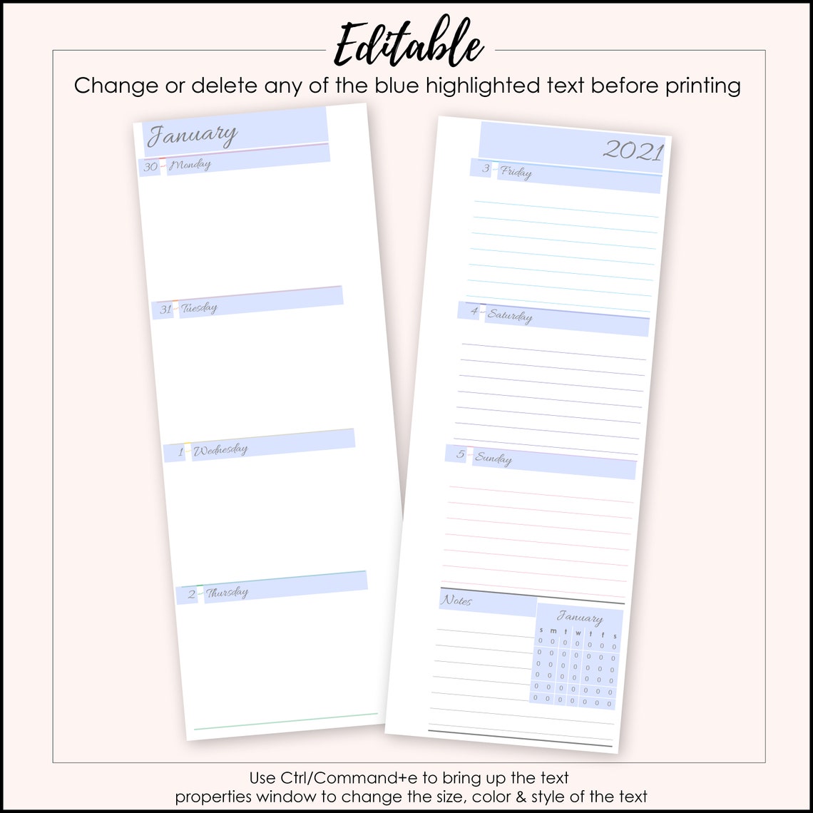 Editable Skinny Mini Pastel Rainbow Undated, Horizontal Weekly Planner ...