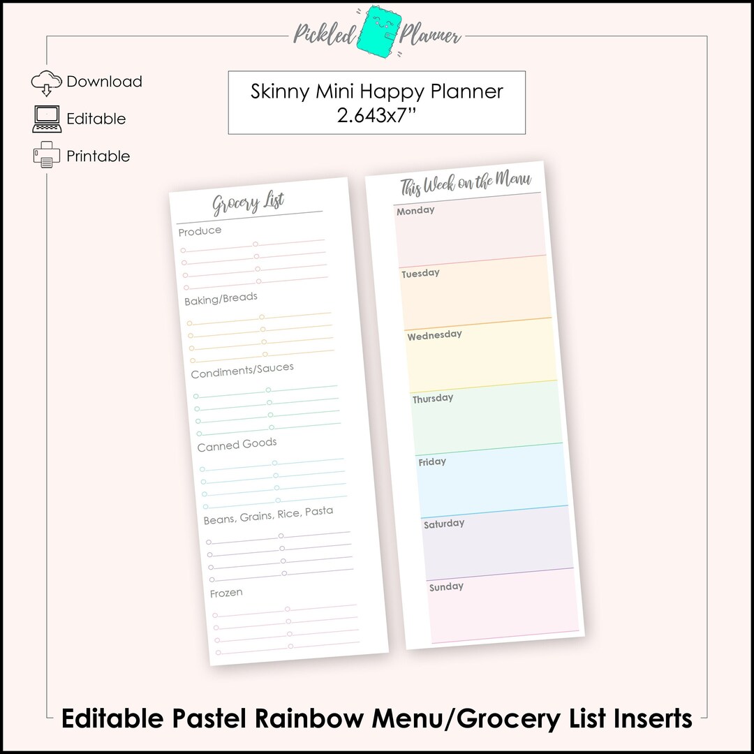 Editable Pastel Rainbow Menu/meal Planner & Grocery List Printable - 2 ...