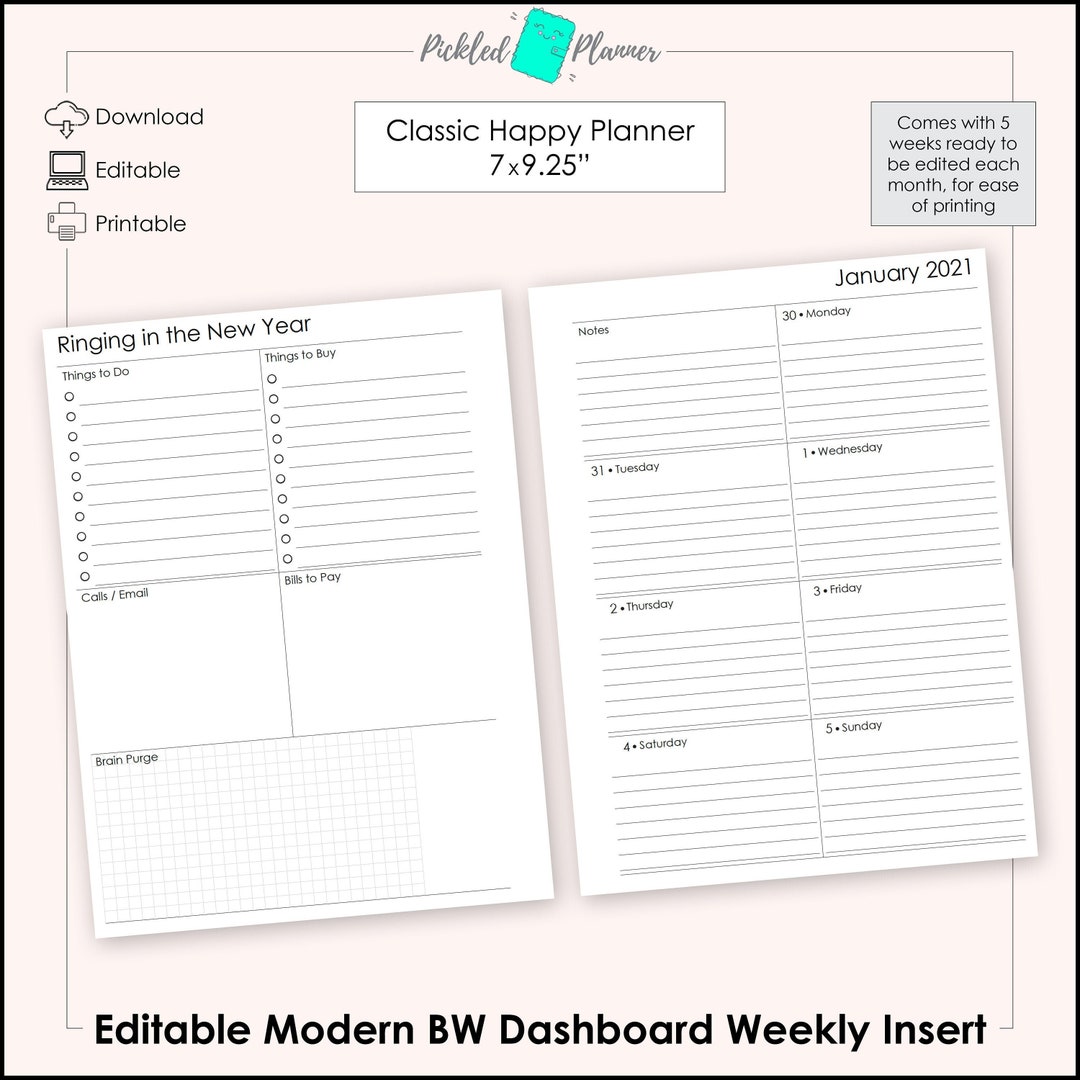 Editable Modern Black & White Undated, Dashboard Weekly Planner/binder ...