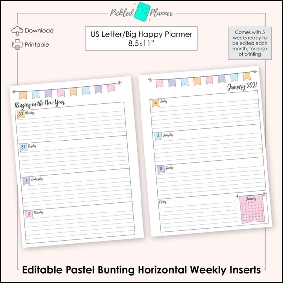 Editable Pastel Bunting Undated Horizontal Weekly | Etsy