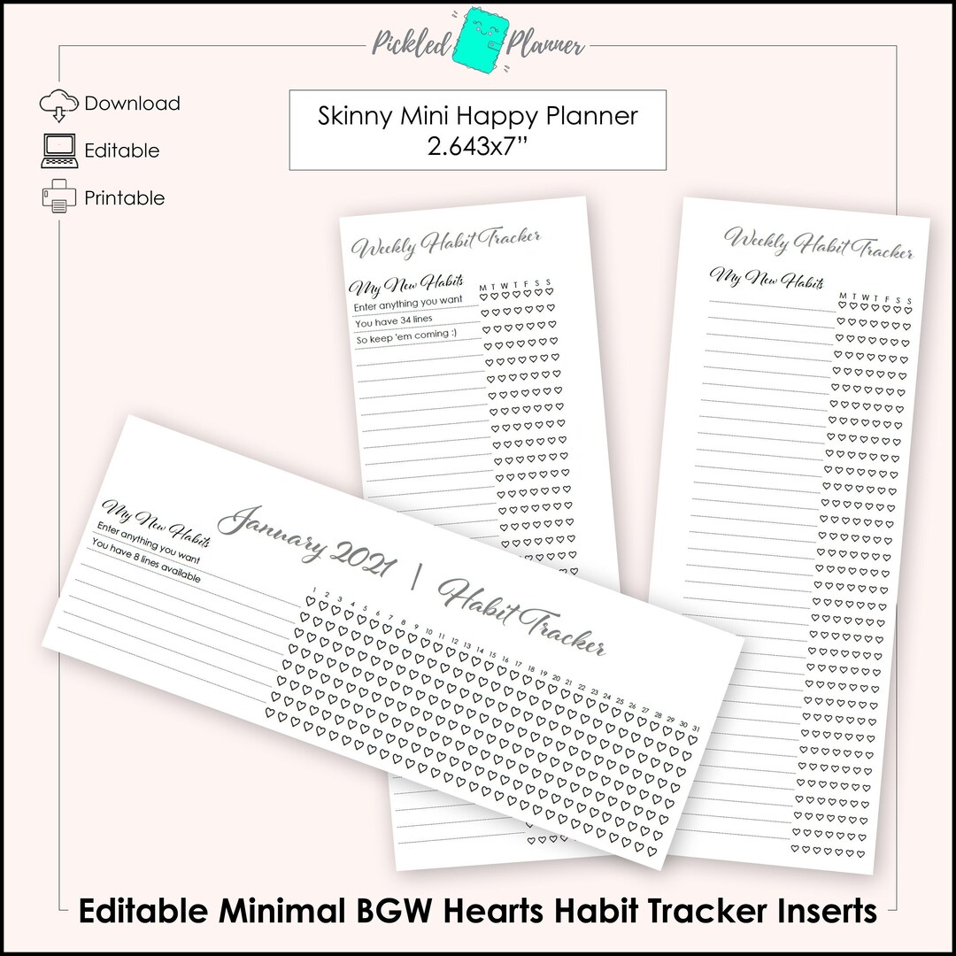 Editable Minimal, Fancy Black, Gray & White Hearts Habit Tracker ...