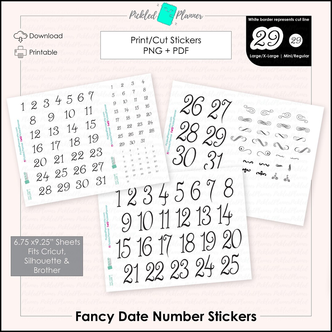 Printable Fancy Date Number Stickers Print/cut Sticker Sheets 4 Sizes ...