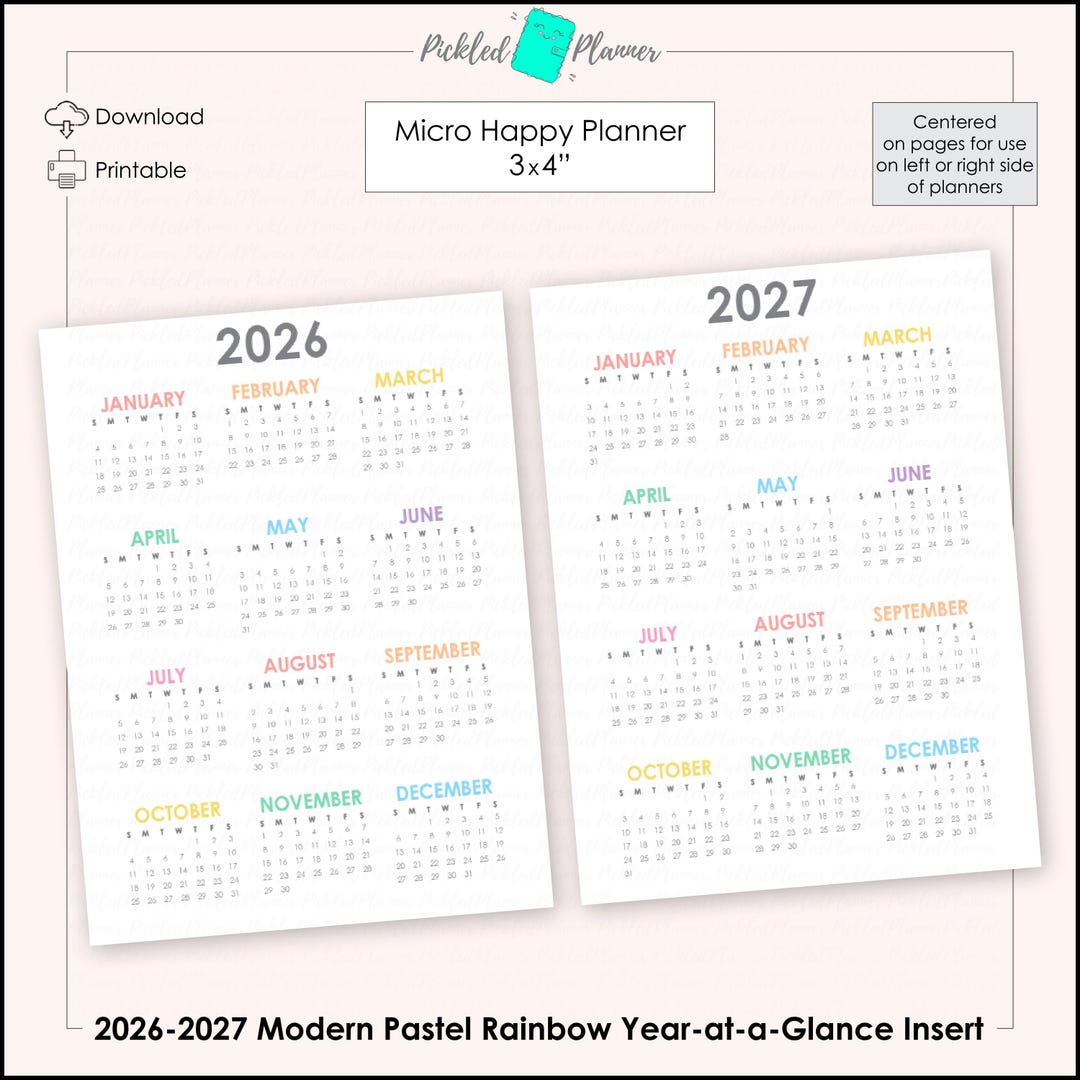 NEW! Centered Micro Modern Pastel Rainbow 2026-2027 Dated Year-at-a ...