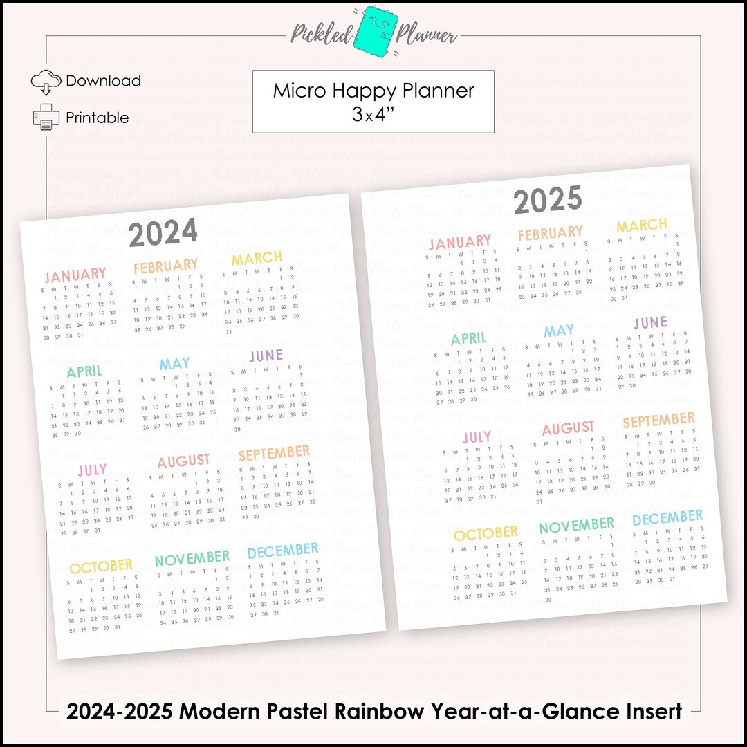 Micro Modern Pastel Rainbow 2024-2025 Dated Year-at-a-glance Month ...