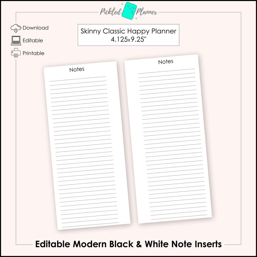 Editable Modern Black & White Planner Notes Printables - 4.125x9.25 ...