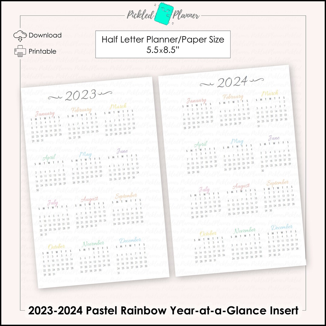 Half Letter Pastel Rainbow 2023-2024 Dated Year-at-a-glance - Etsy