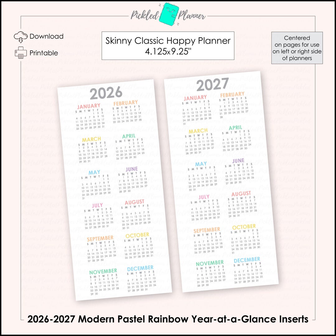 NEW! Centered Modern Pastel Rainbow 2026-2027 Dated Year-at-a-glance ...
