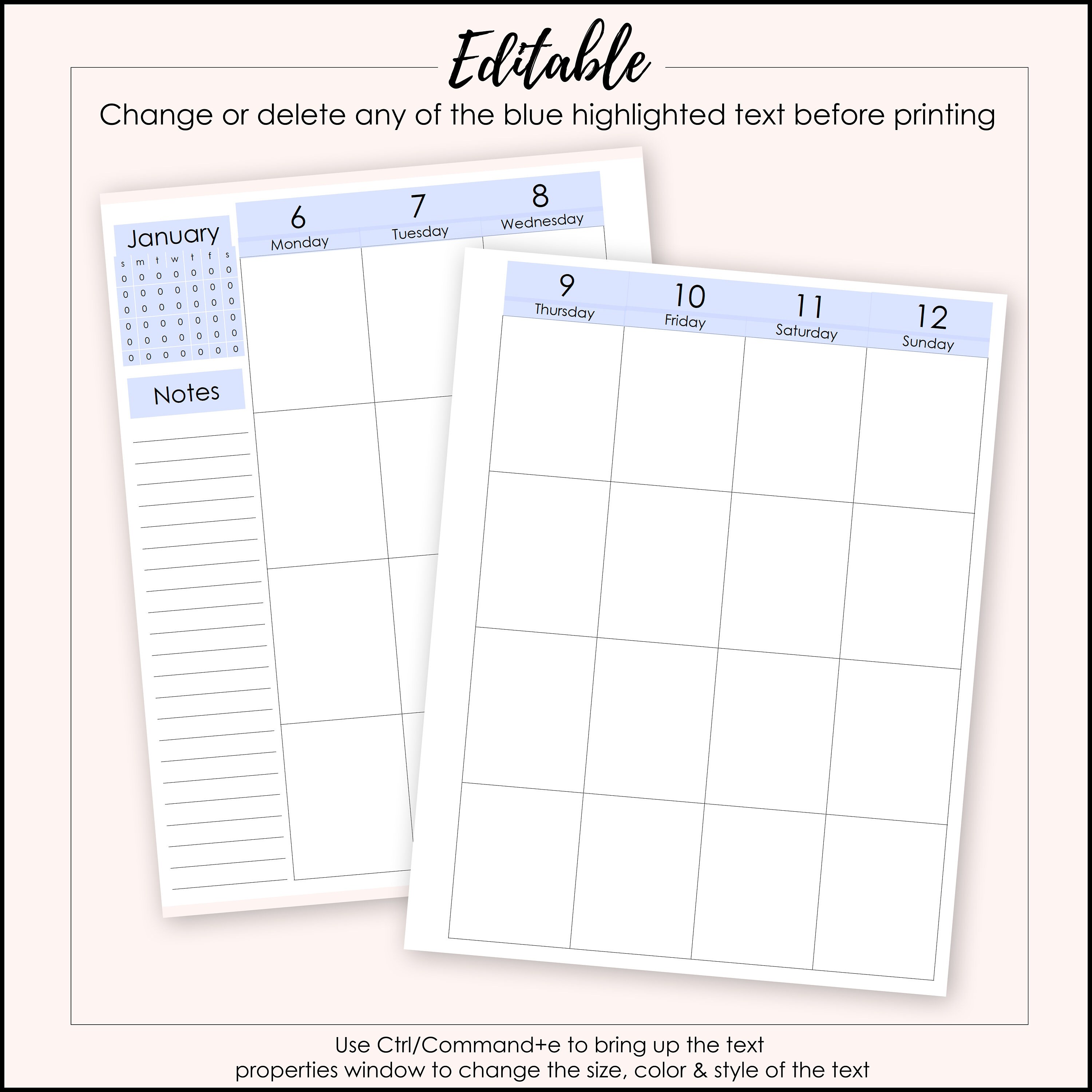 4 Row Editable Modern Black & White Undated, Vertical Weekly Planner ...