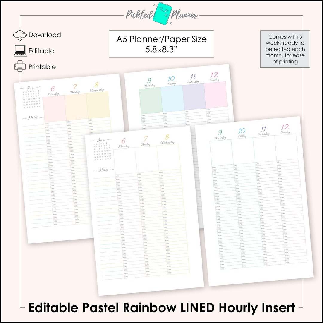 A5 Printable Pastel Rainbow, Hourly LINED Undated, Vertical Weekly ...