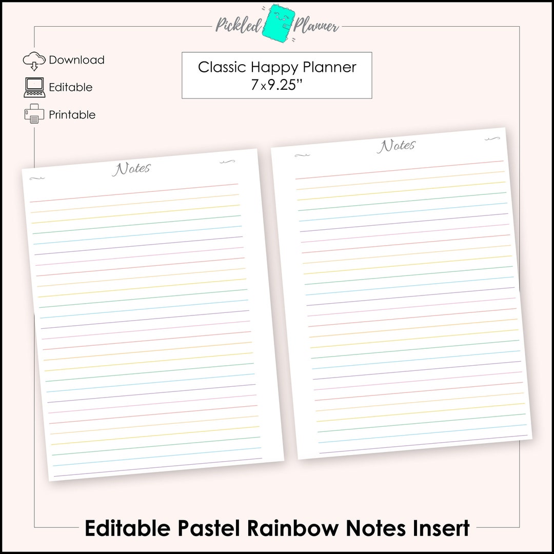 Editable Pastel Rainbow Notes Printable - 7x9.25" Classic Happy Planner ...