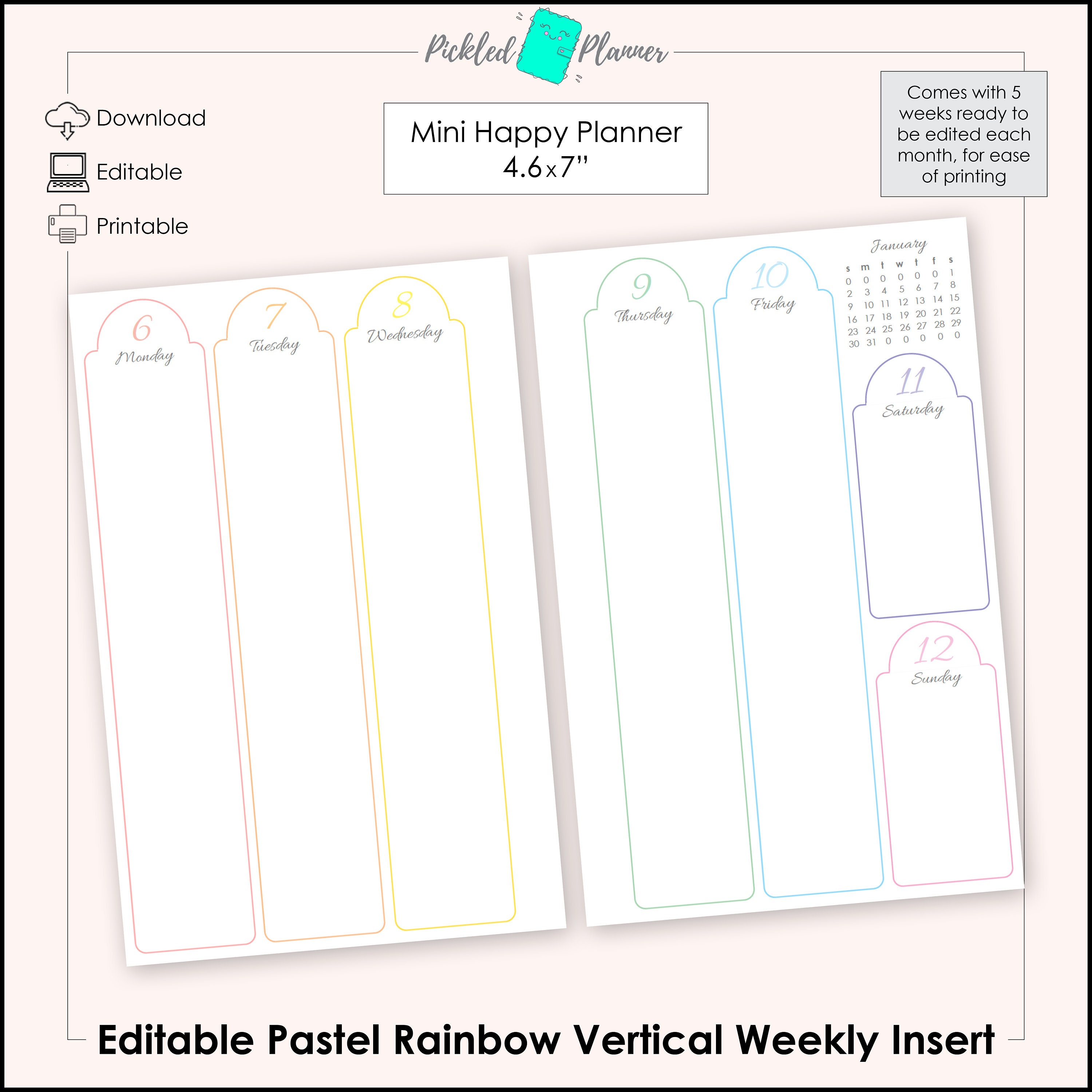 Paper & Party Supplies Mini Editable Pastel Rainbow Undated 4.6x7 Mini ...