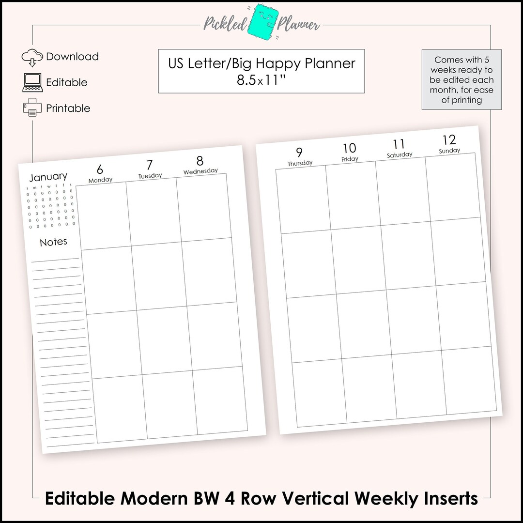 4 Row Editable Modern Black & White Undated, Vertical Weekly Planner ...