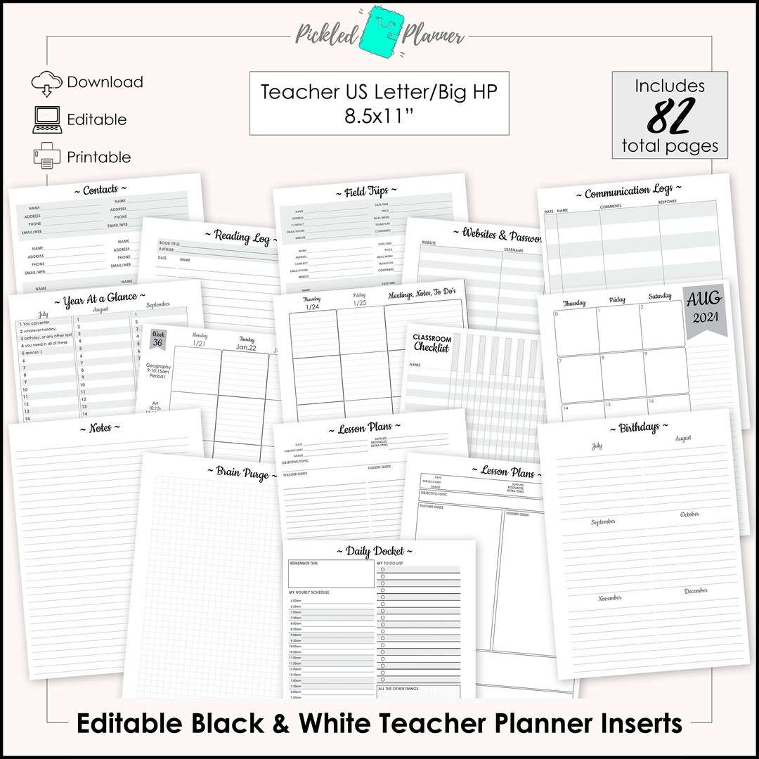 IMPROVED! 82 Total Pages - Editable Black & White Undated Teacher ...
