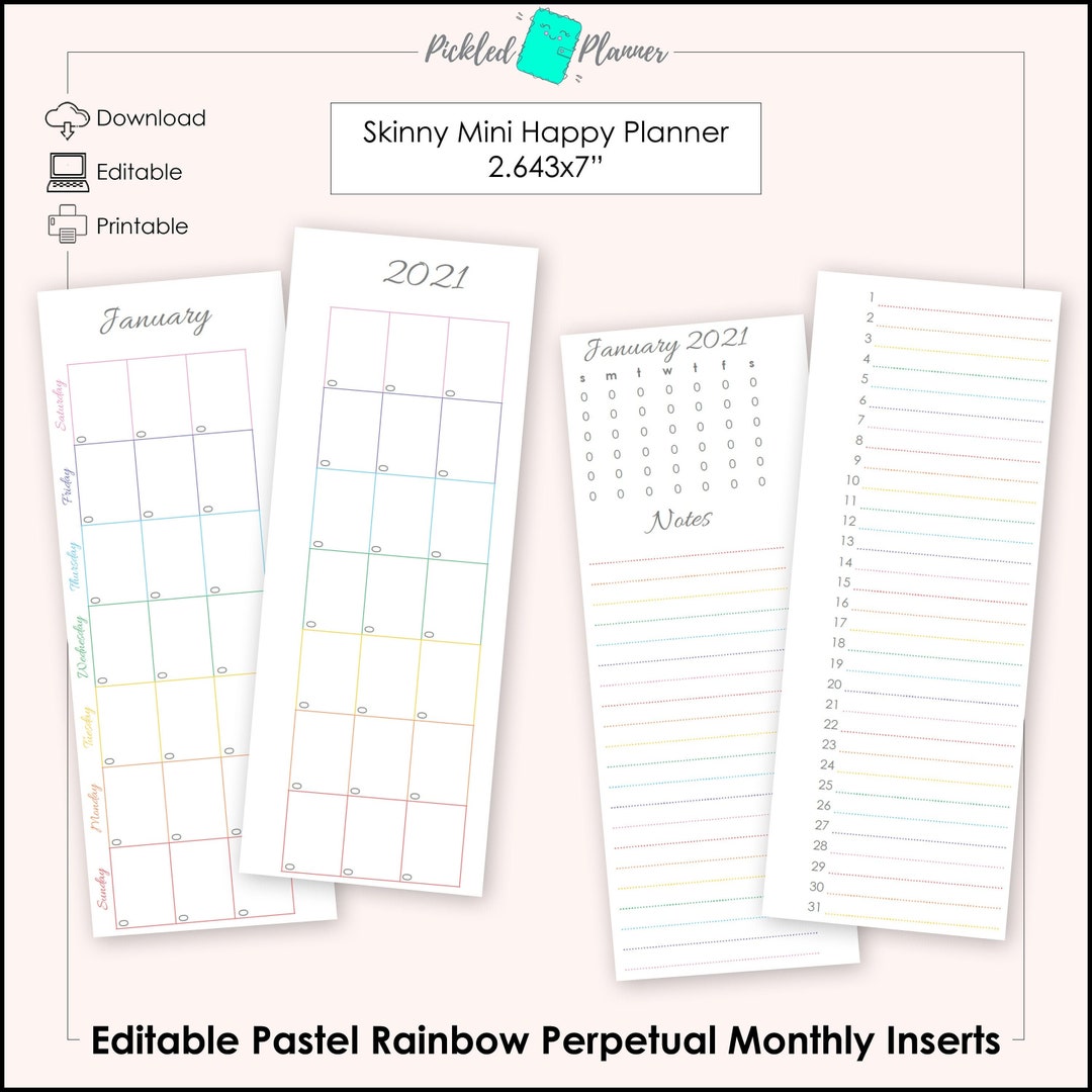 Editable Skinny Mini Pastel Rainbow Planner Perpetual Monthly ...