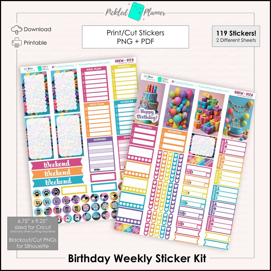 Happy Birthday Weekly Sticker Kit | 119 Total | 6.75x9.25" | Print/cut ...