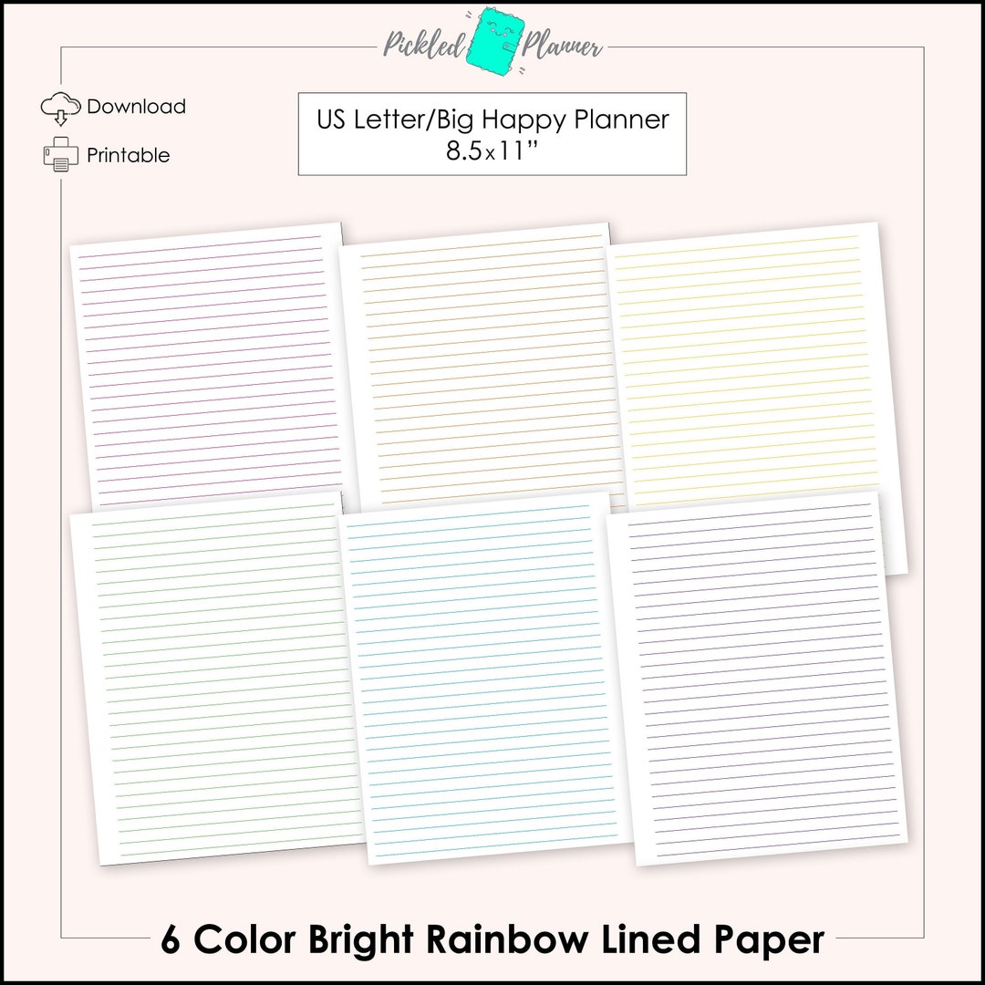 6 Color Bright Rainbow Lined/ruled Paper Printable BUNDLE - 8.5x11" US ...