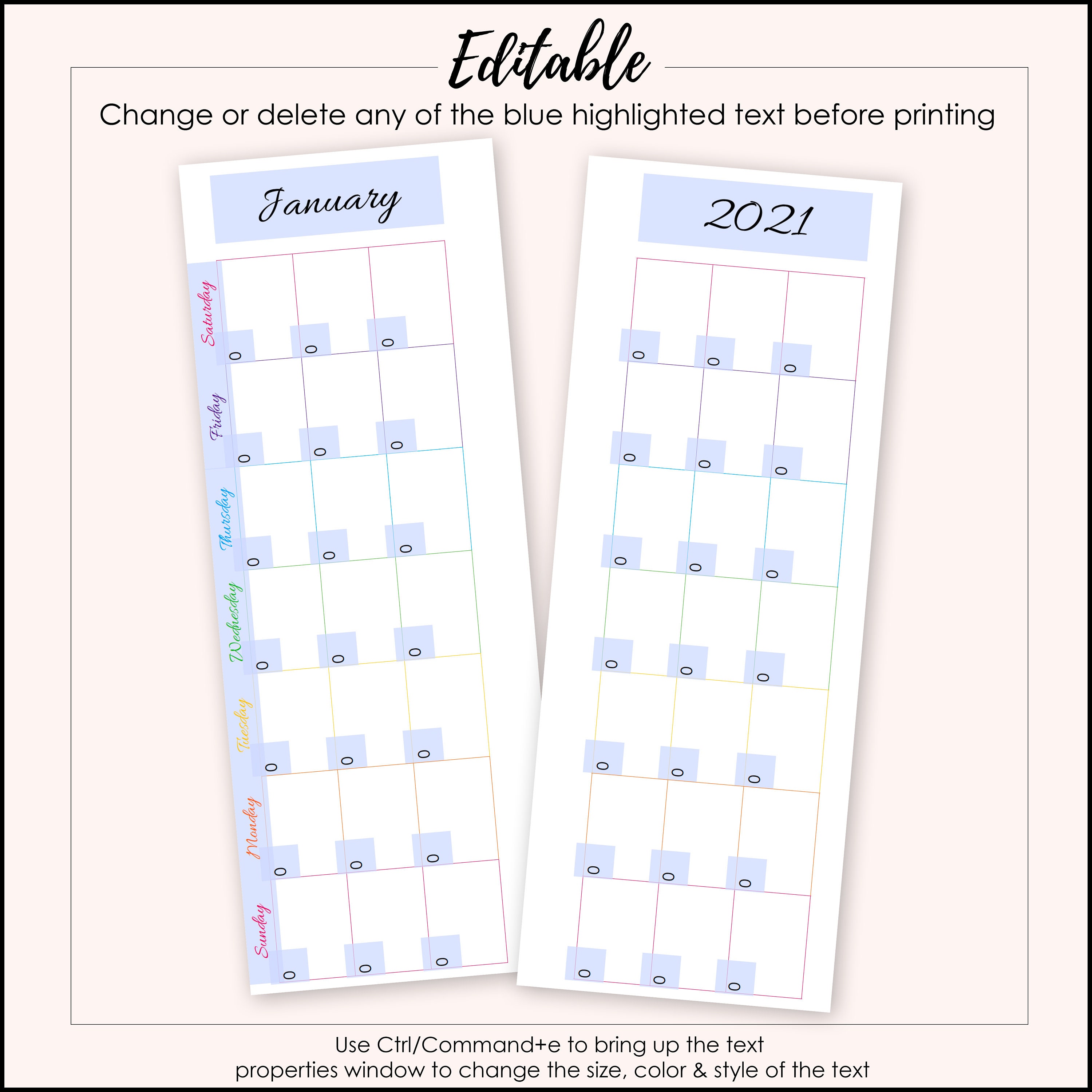 Editable Skinny Mini Bright Rainbow Planner Perpetual Monthly - Etsy