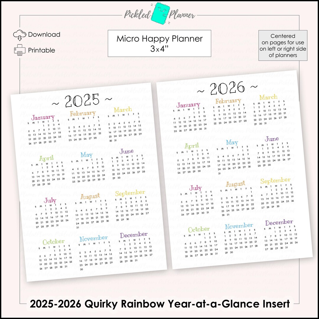 Centered Micro Quirky Bright Rainbow 2025-2026 Dated Year-at-a-glance ...