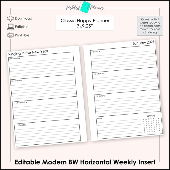 Editable Modern Black & White Undated Horizontal Weekly - Etsy