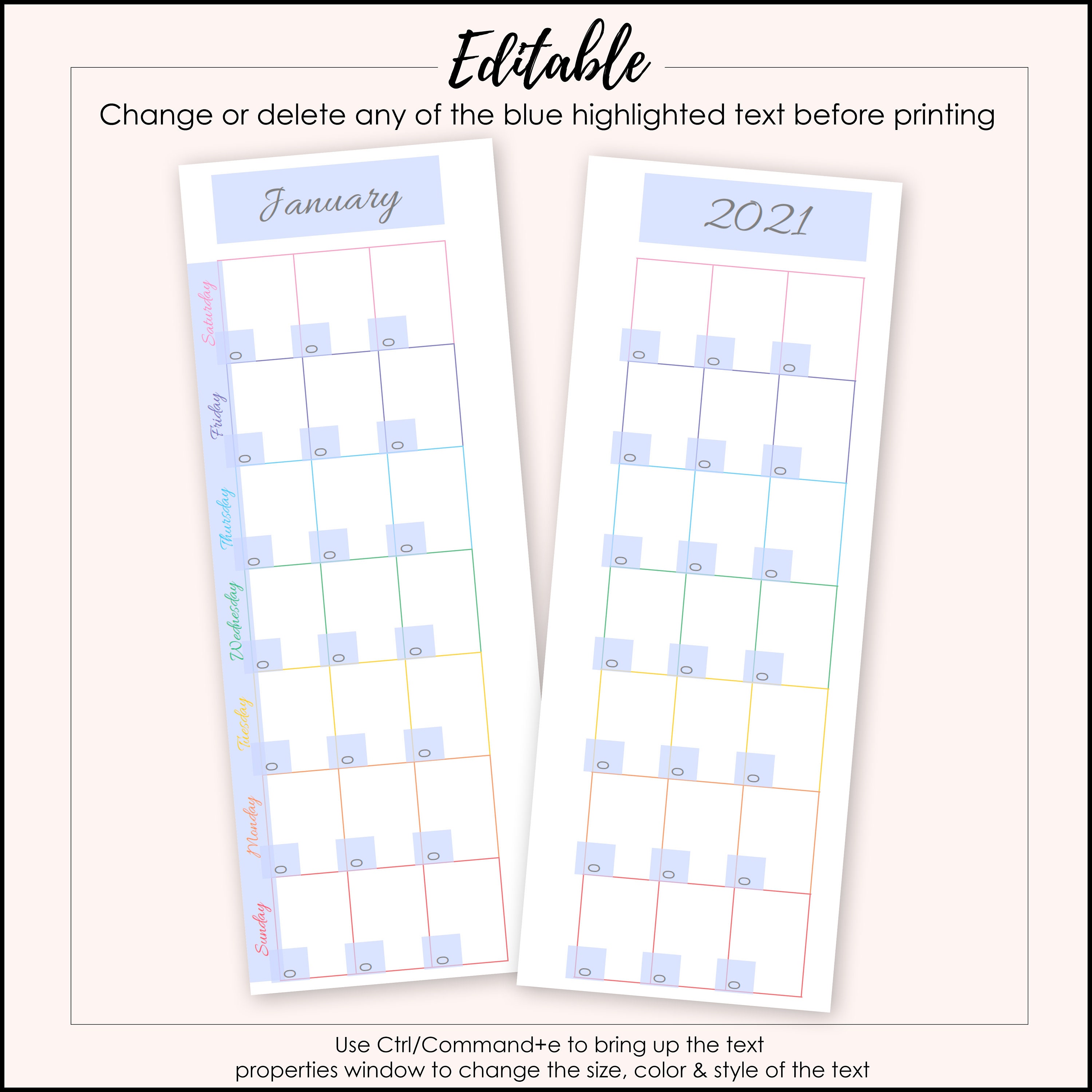 Editable Skinny Mini Pastel Rainbow Planner Perpetual Monthly | Etsy