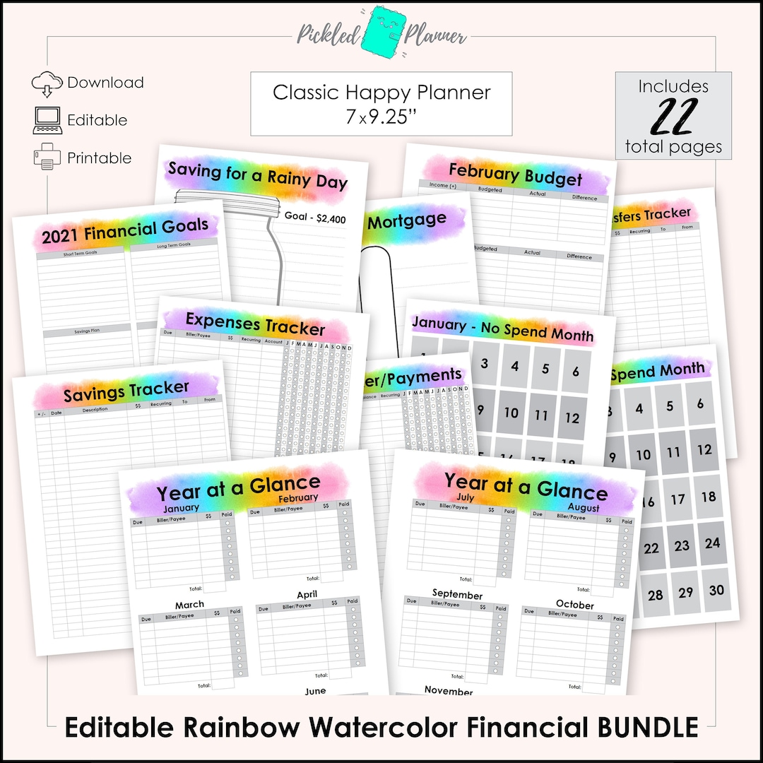 Editable Rainbow Watercolor Budget/savings/financial Planner/binder ...