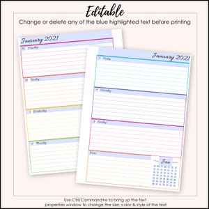 Editable Bright Rainbow Undated, Horizontal Weekly Planner/binder ...