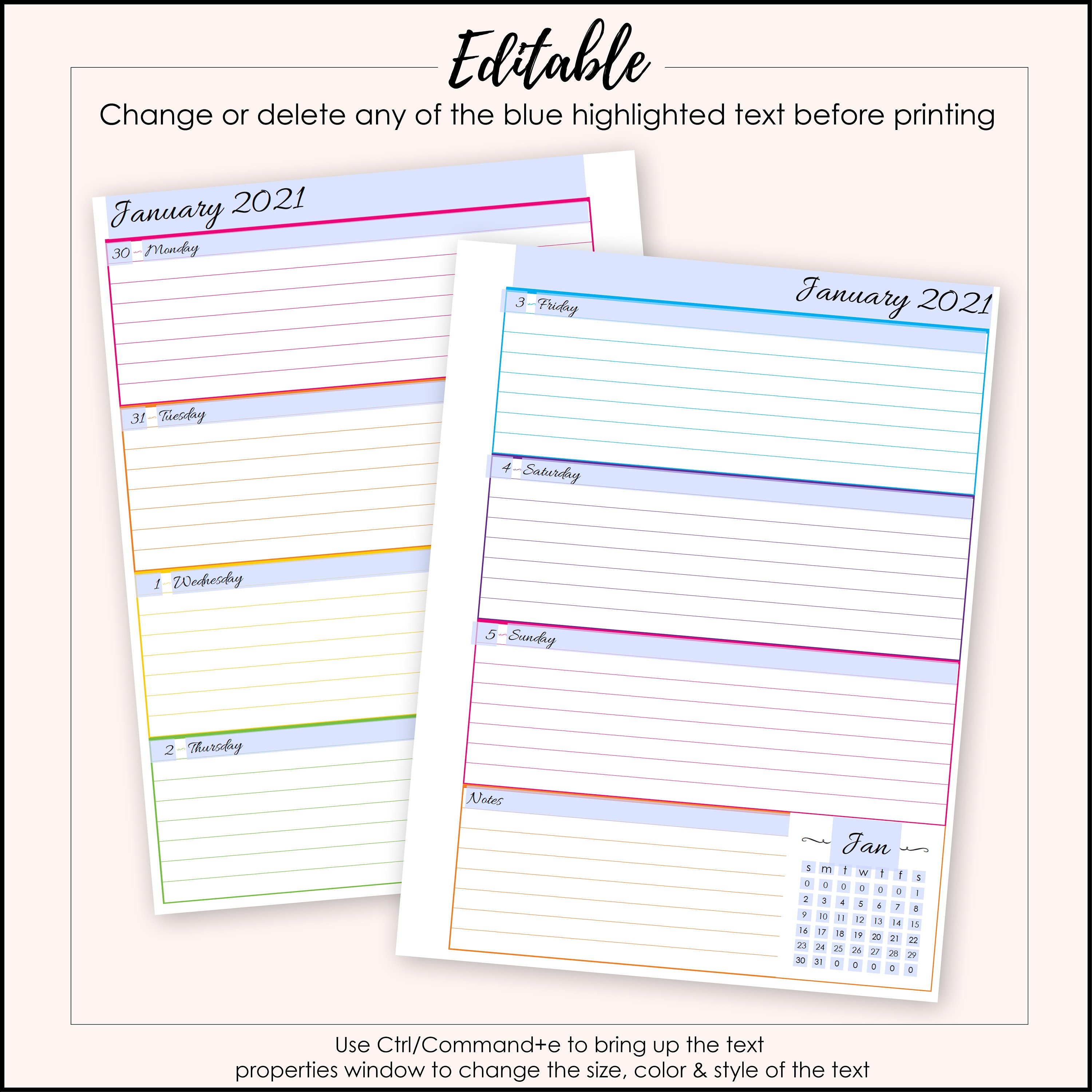 Editable Bright Rainbow Undated Horizontal Weekly - Etsy