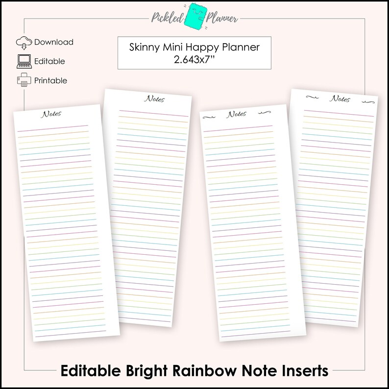 Editable Skinny Mini Bright Rainbow Planner Notes Printables - 2.643x7 ...