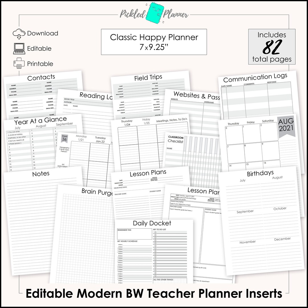 IMPROVED! 82 Total Pages - Editable Modern Black & White Undated ...
