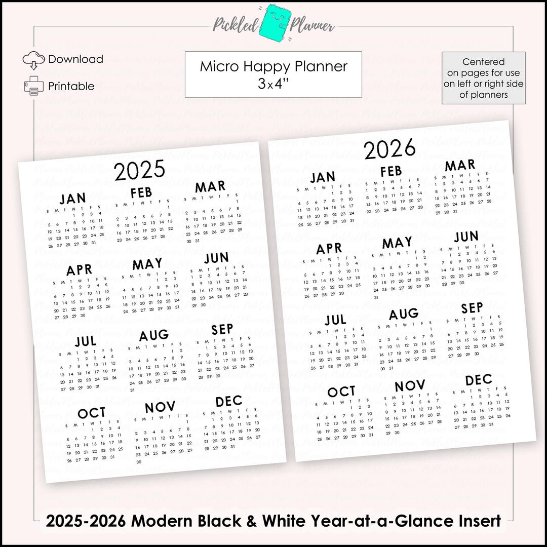 Centered Micro Modern Black & White 2025-2026 Dated Year-at-a-glance ...