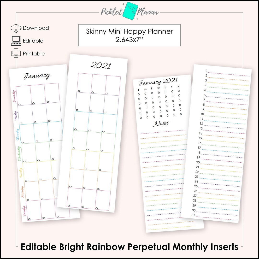 Editable Skinny Mini Bright Rainbow Planner Perpetual Monthly ...