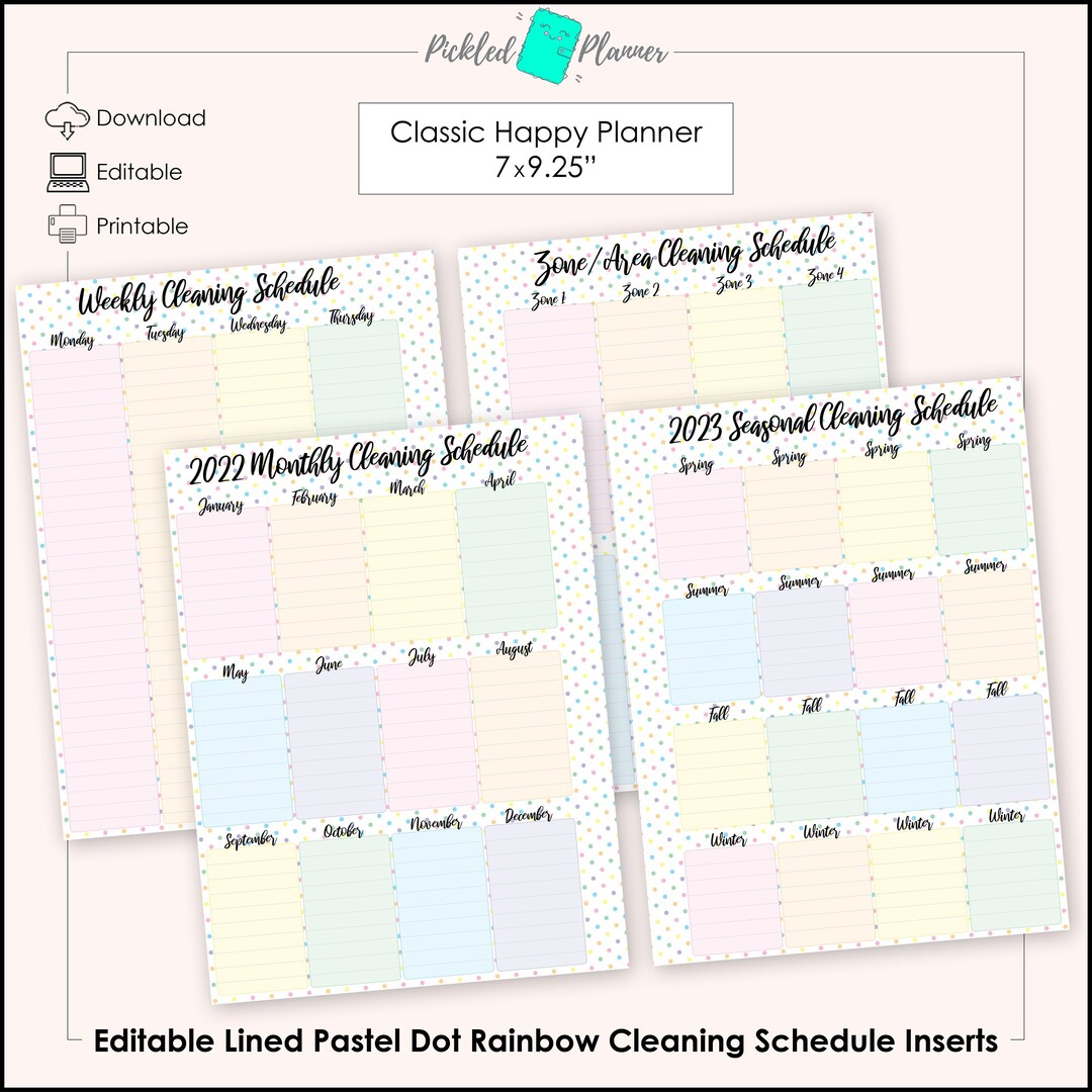 Lined, Editable, Pastel Dots & Rainbow Boxes Cleaning Schedule Planner ...