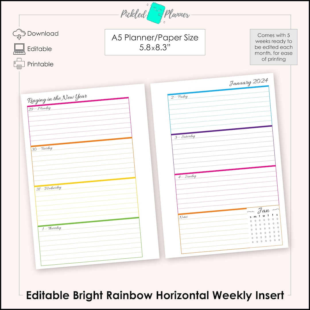 Editable Bright Rainbow Undated, Horizontal Weekly Planner/binder ...