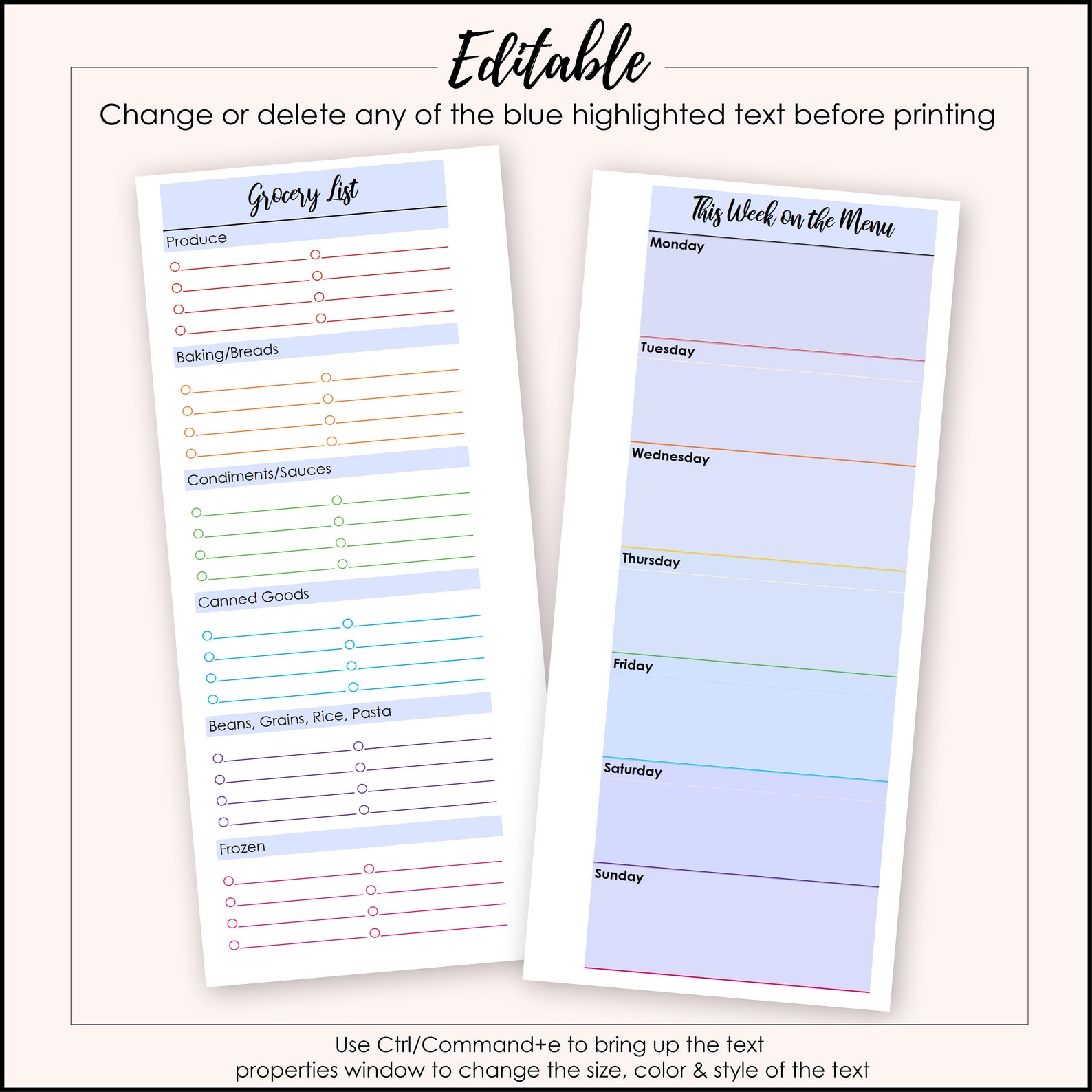 Editable Bright Rainbow Menu/meal Planner & Grocery List - Etsy