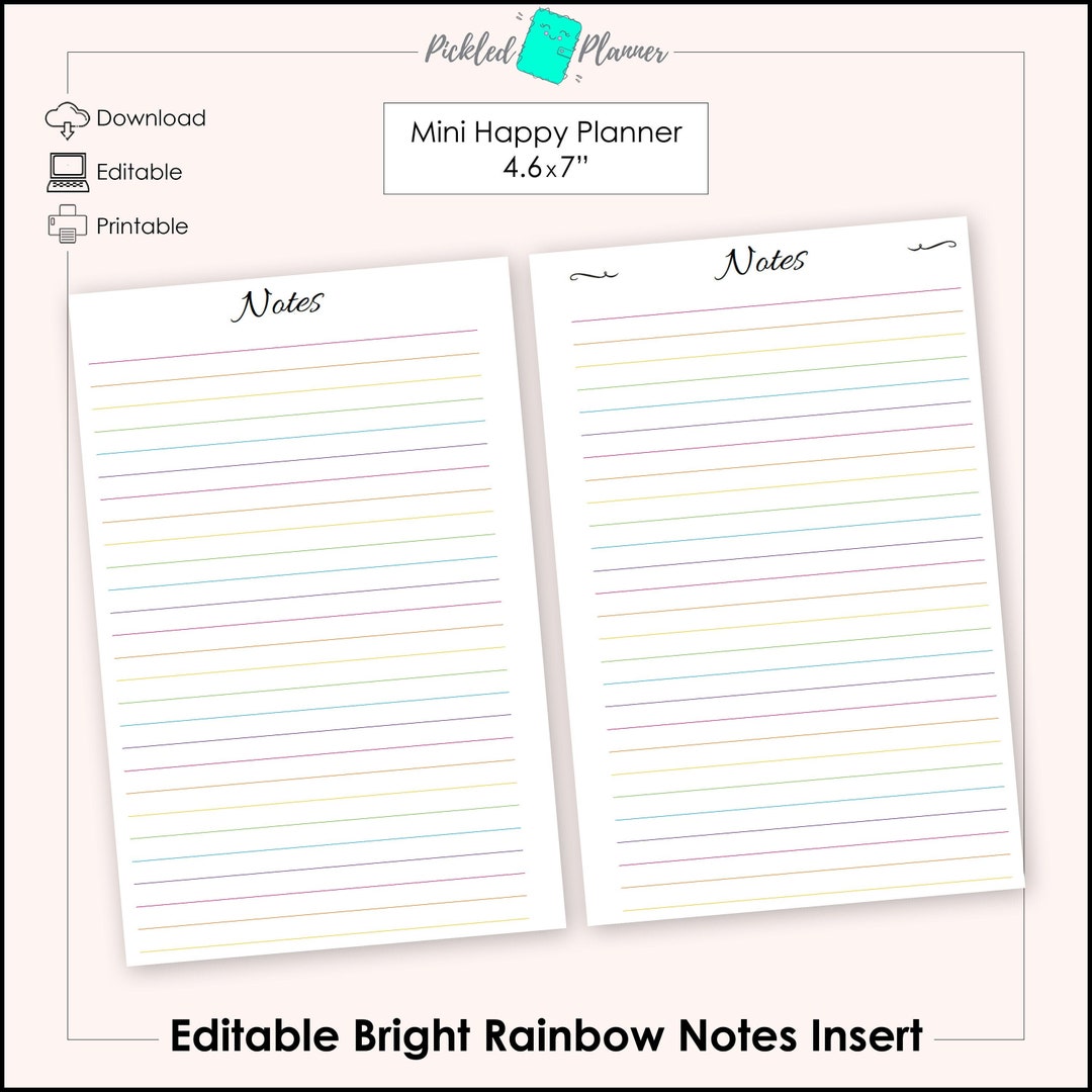 Mini Editable Bright Rainbow Notes Planner Printable - 4.6x7" Mini ...