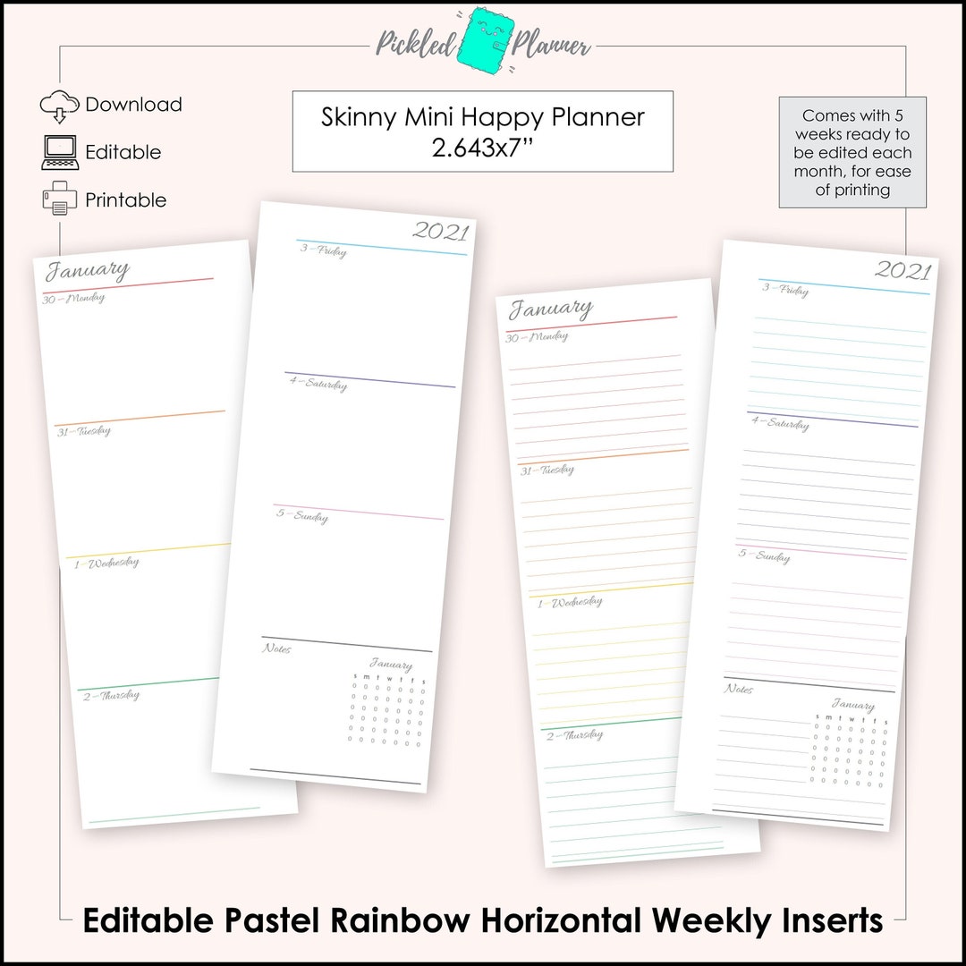 Editable Skinny Mini Pastel Rainbow Undated, Horizontal Weekly Planner ...