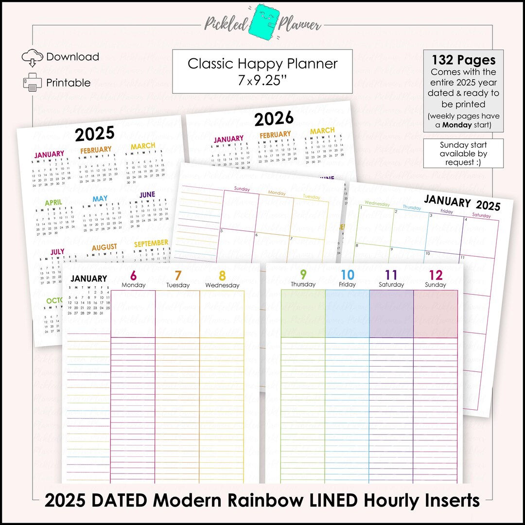 NEW Dated Jan-dec.2025 Modern Bright Rainbow Hourly LINED Vertical ...