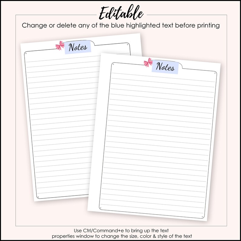 Editable Sweet Pink Bow Notes Printable - 7x9.25" - Classic Happy ...