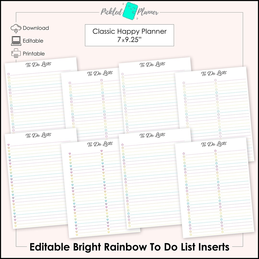 Editable Bright Rainbow, Heart/star/square/circle Editable to Do Lists ...