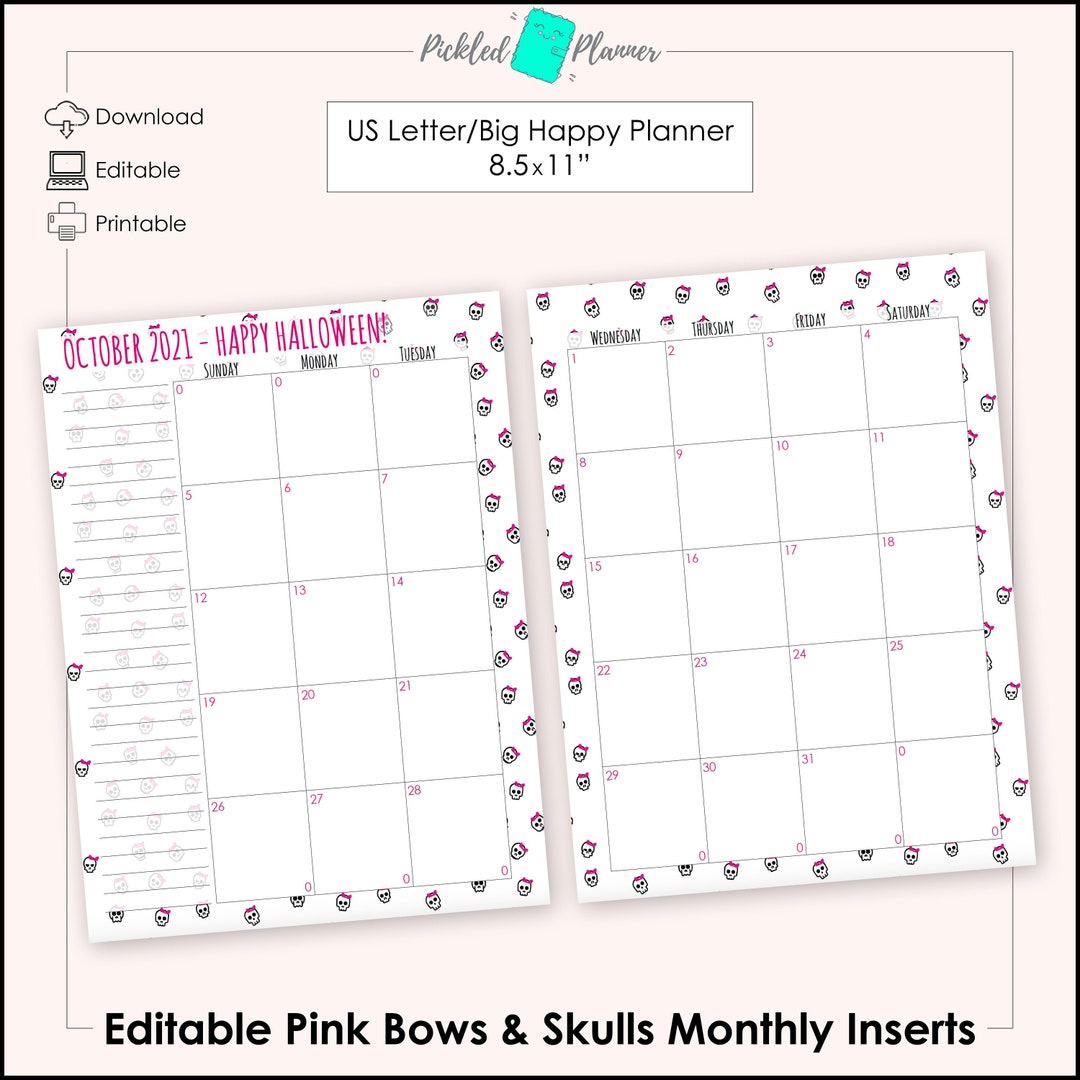 Editable Monthly Pink Bows & Skulls Undated Planner/binder Printable 8 ...