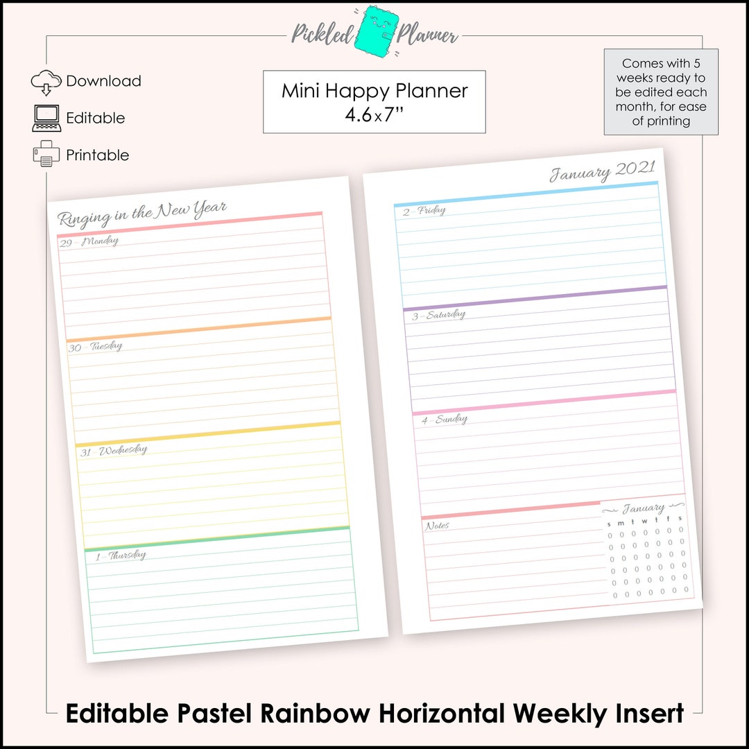 Mini Editable Pastel Rainbow Undated, Horizontal Weekly Planner ...
