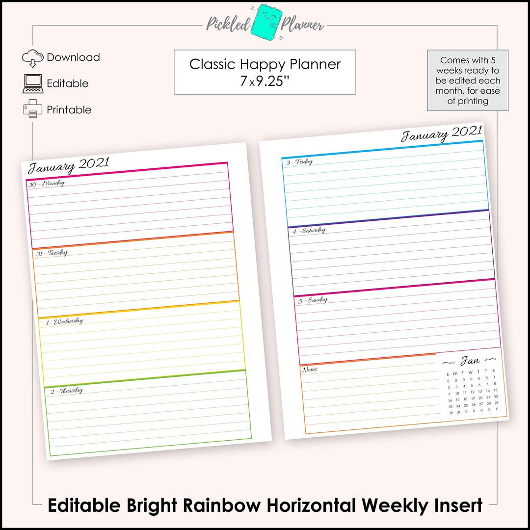 Editable Bright Rainbow Undated, Horizontal Weekly Planner/binder ...