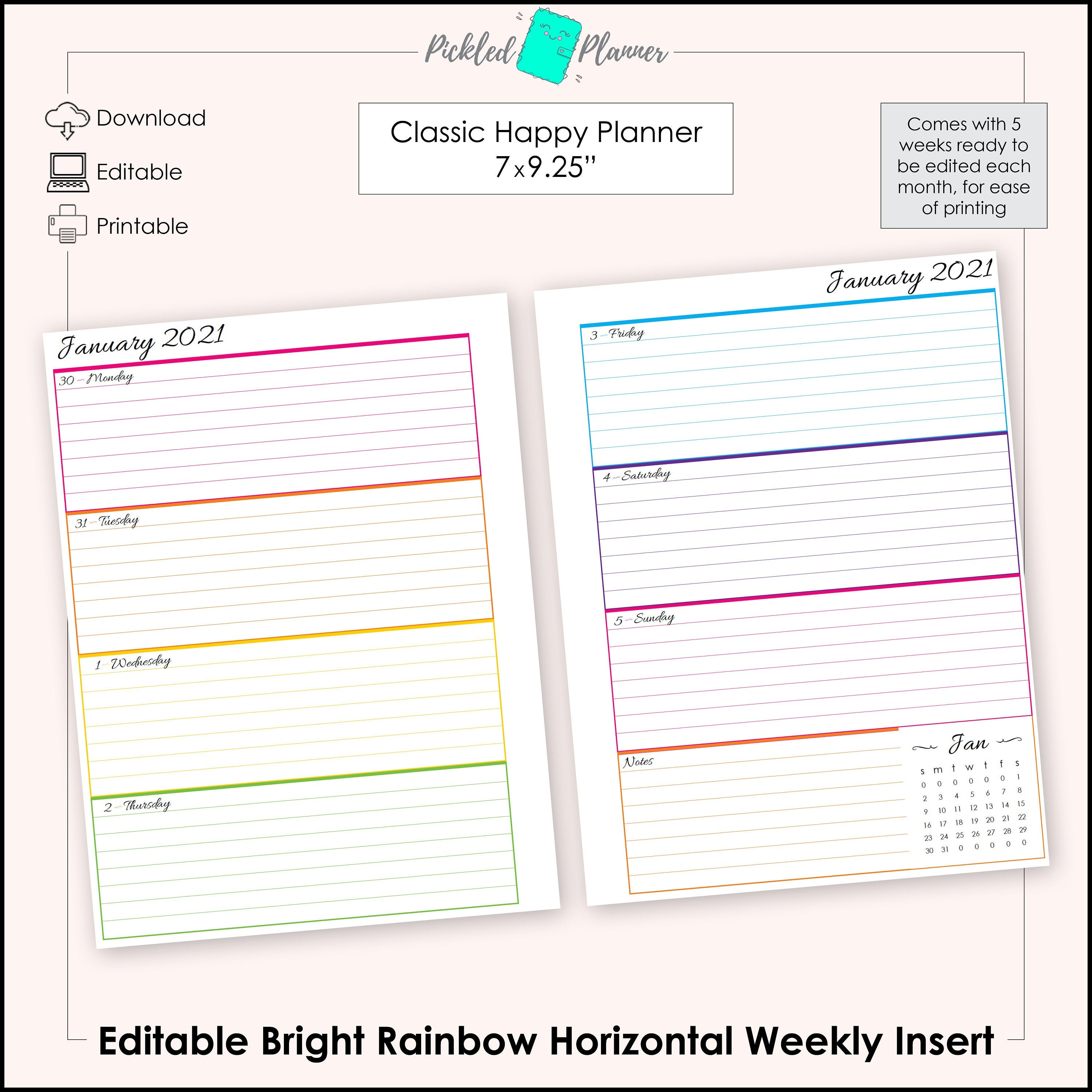Editable Bright Rainbow Undated Horizontal Weekly | Etsy