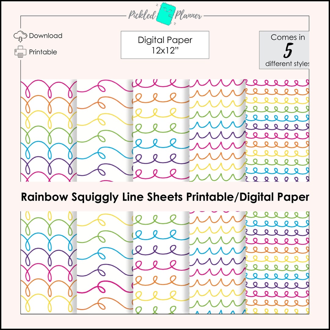 12x12 Sheet 5 Bright Rainbow Squiggly Line Designs Printable Washi ...