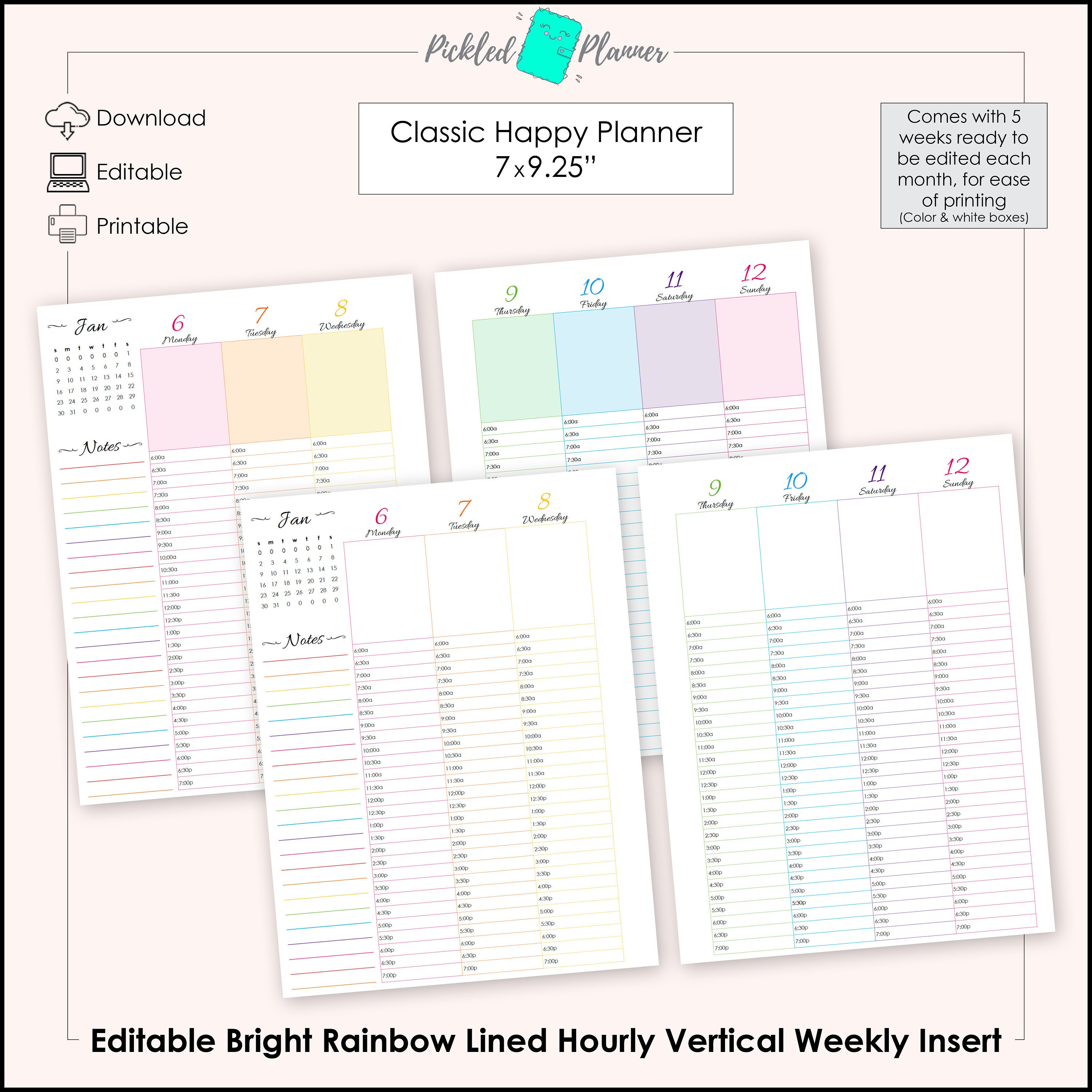 Editable Bright Rainbow Hourly LINED Undated Vertical Weekly - Etsy
