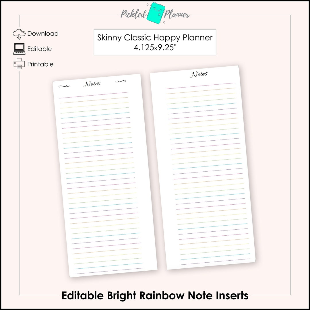 Editable Bright Rainbow Notes Printables 4.125x9.25 Skinny Classic ...