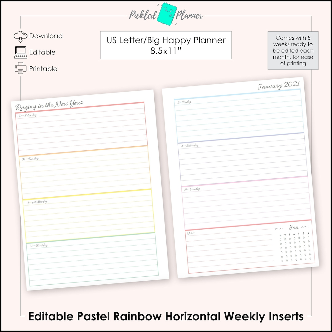 Editable Pastel Rainbow Undated, Horizontal Weekly Planner/binder ...