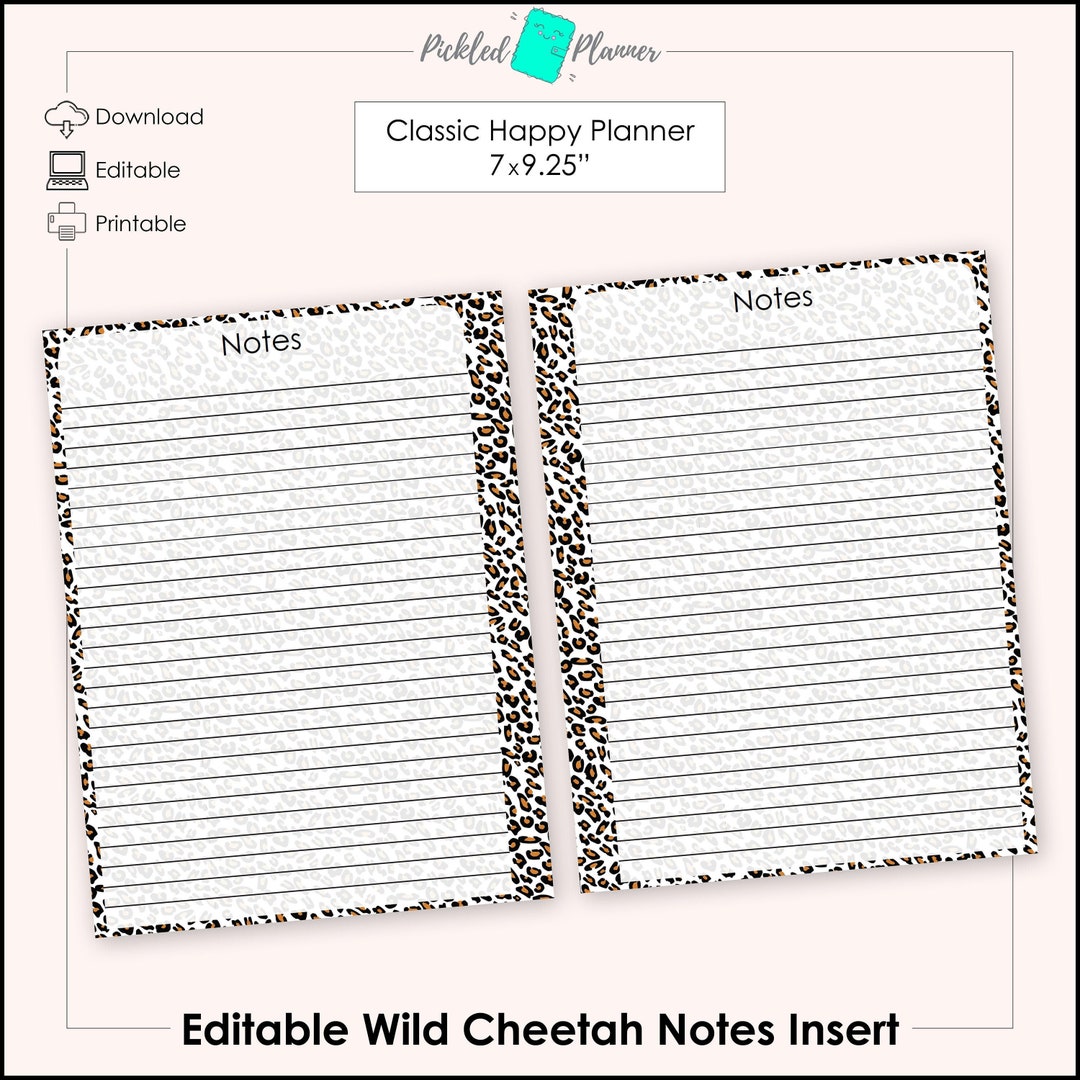 Editable Wild Cheetah Notes Printable 7x9.25 Classic Happy Planner Size ...