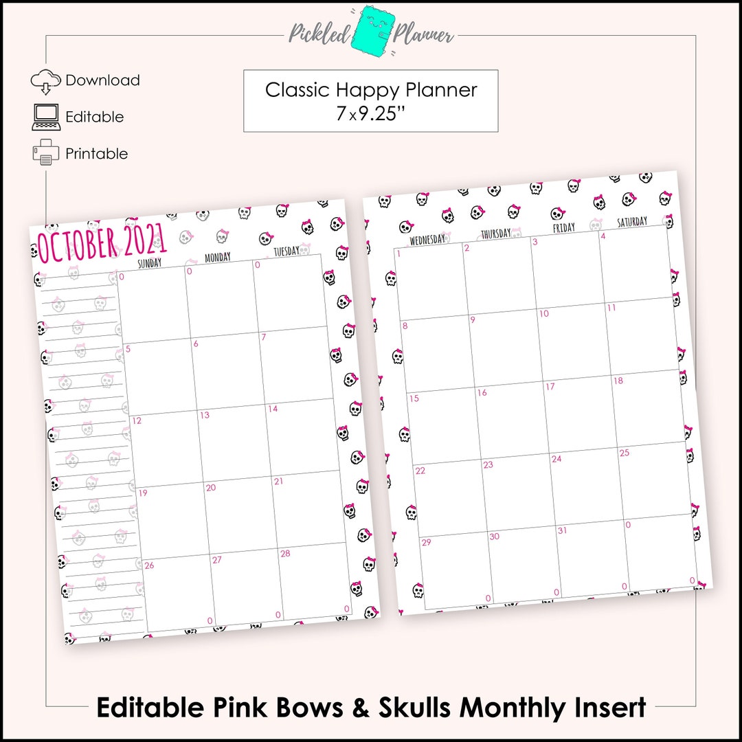 Editable Monthly Pink Bows & Skulls Undated Planner/binder Printable 7 ...